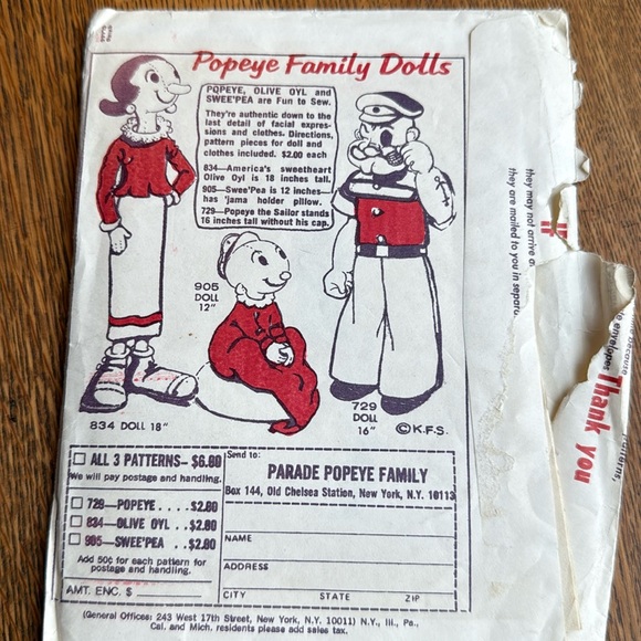 Parade | Office | Vintage Sewing Pattern Popeye Family Dolls By Parade ...